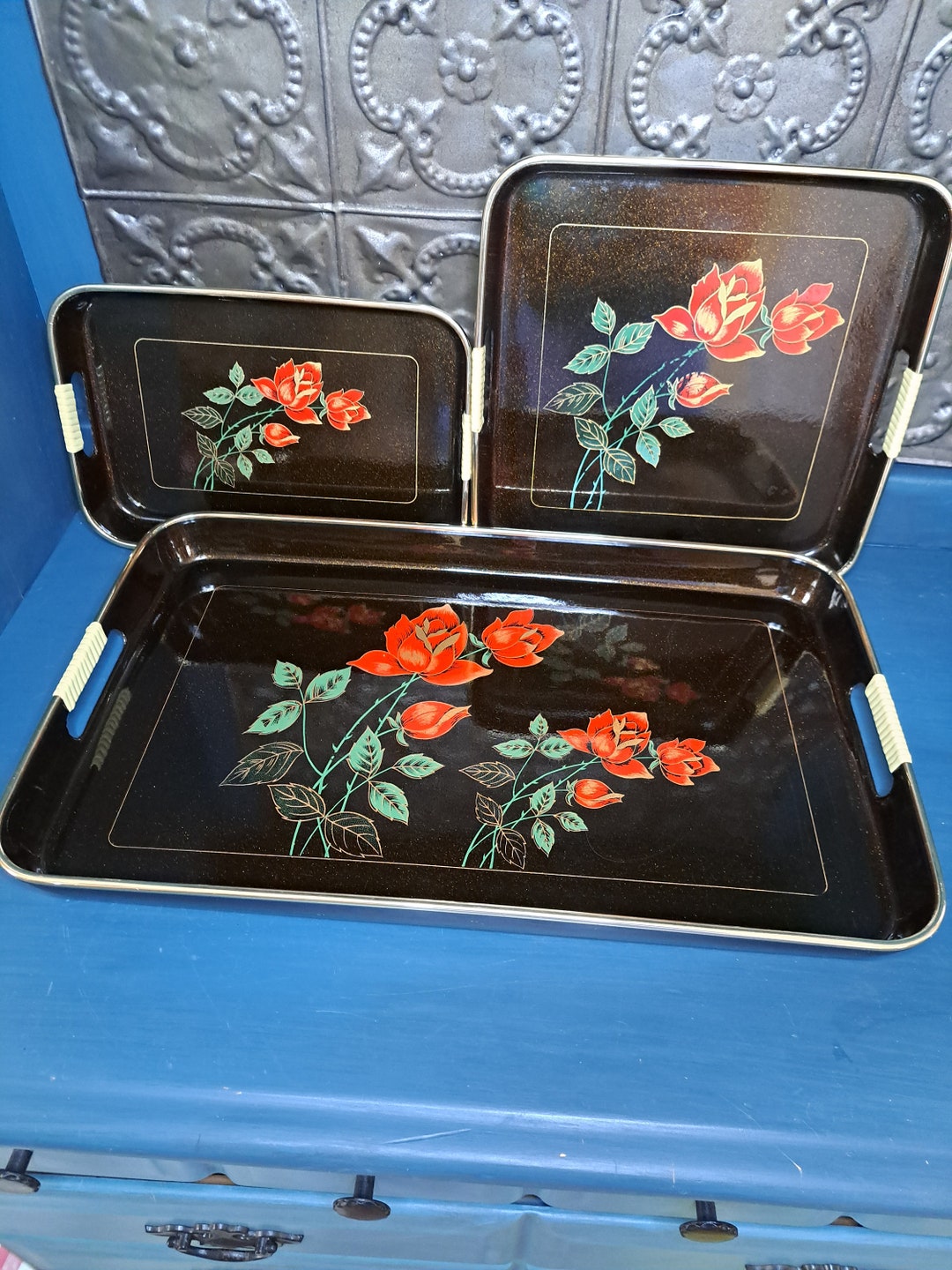 Serving Trays Sparkling Dark Brown W/ Red Roses Vintage Japanese ...