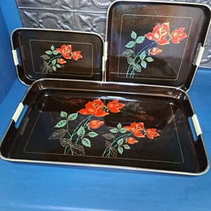 Serving Trays Sparkling Dark Brown W/ Red Roses Vintage Japanese ...