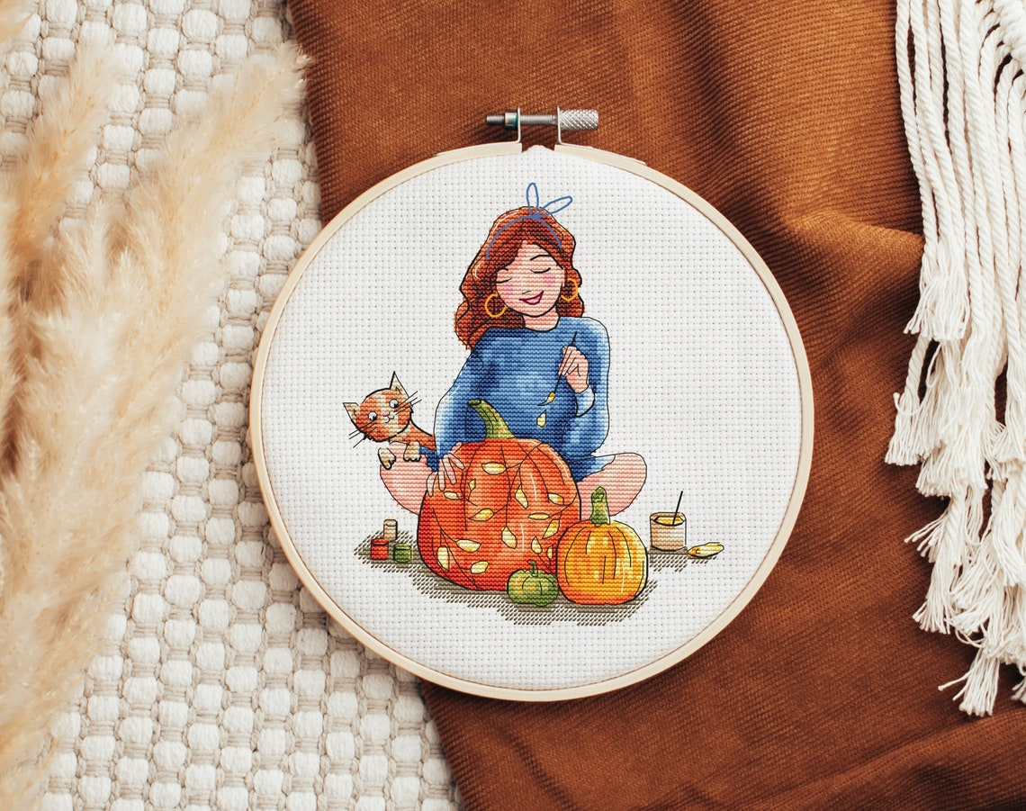 Autumn Woman Cross Stitch Pattern, Fall Woman Cross Stitch Pattern ...
