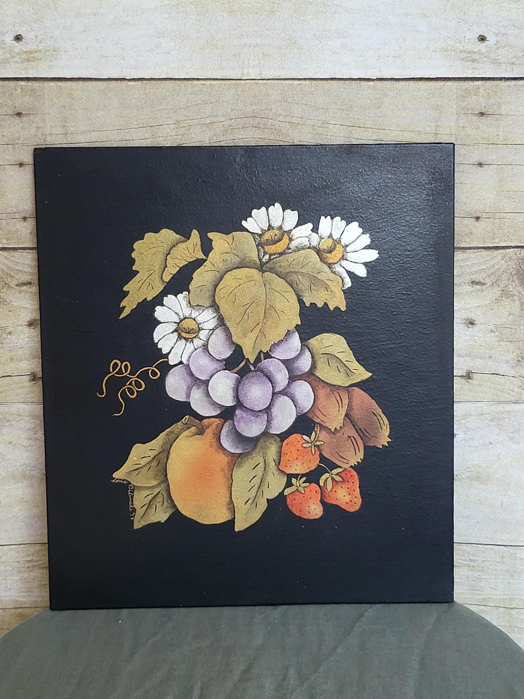 Beautiful American Folk Art Theorem Stencil Art Piece - Fruit on Black ...