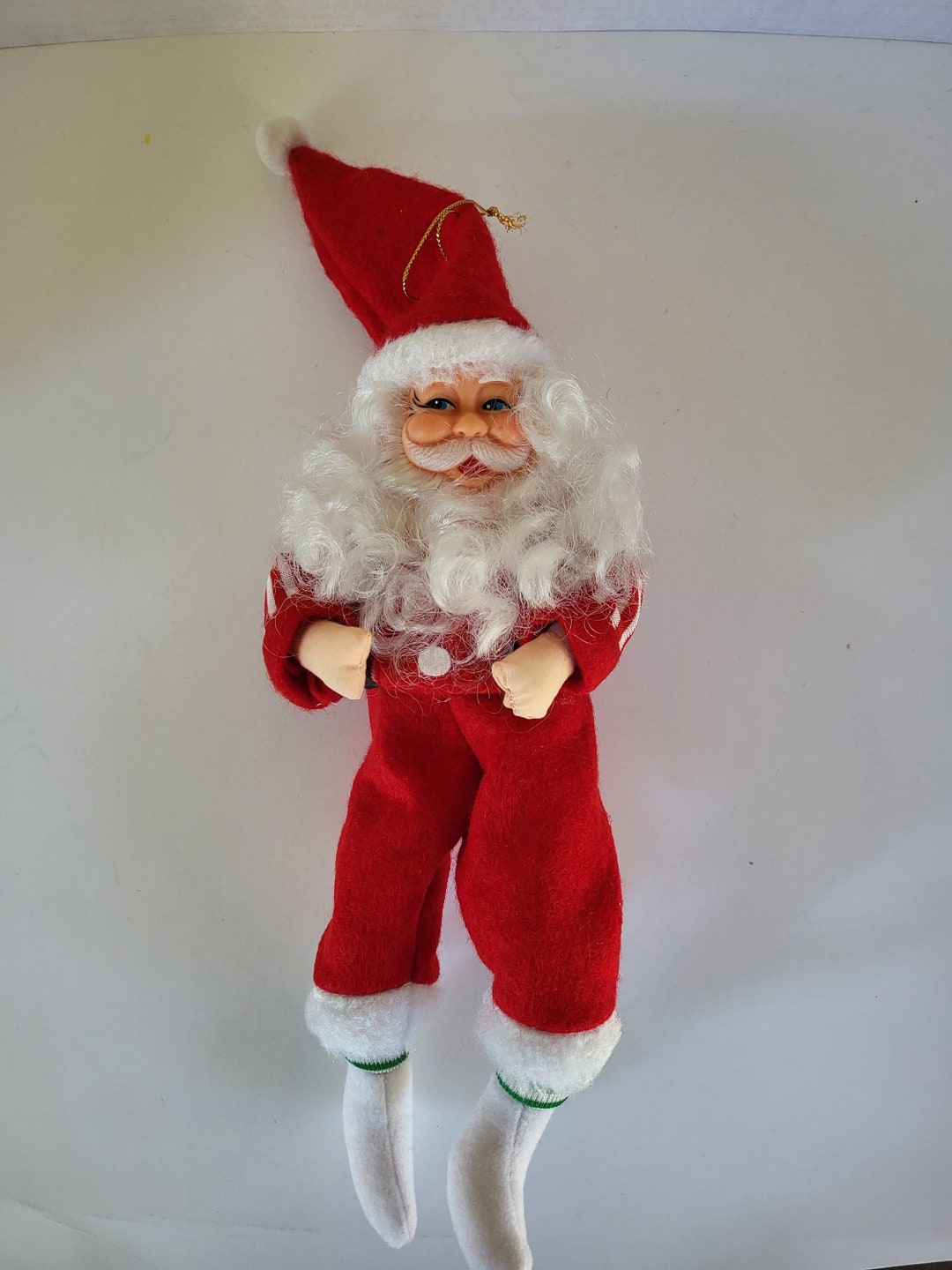 Vintage Posable Santa Doll Figure Striped Red and White Shirt and Green ...