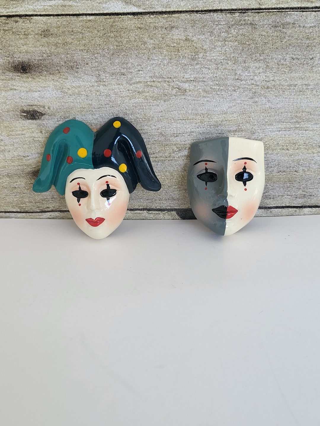 Vintage Set of 2 Jester and Drama Mask Clay Magnets Mime Face Mardi ...
