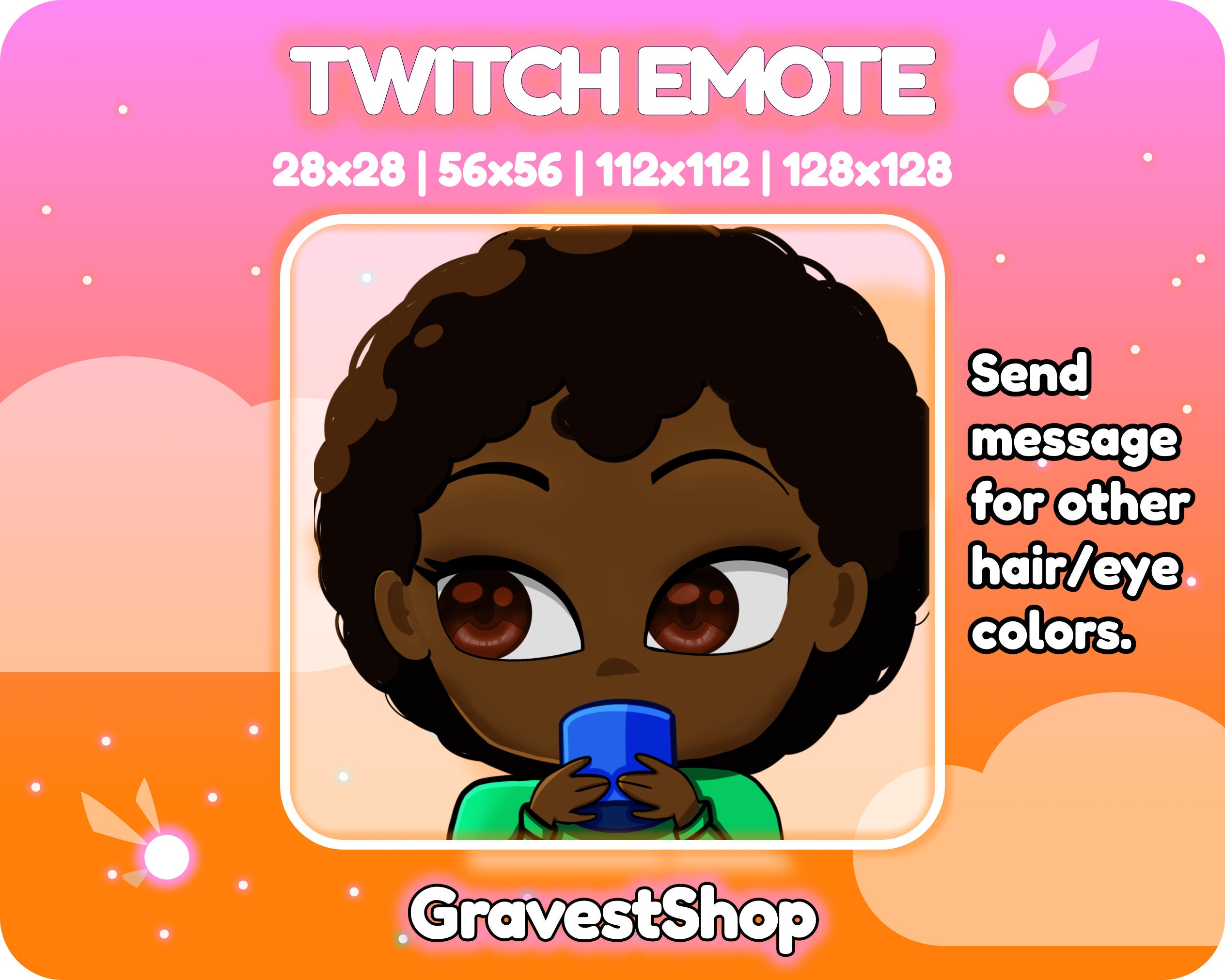 Sips Tea Emote, Black Girl, Dark Brown Hair, Brown Eyes, Chibi Emote ...