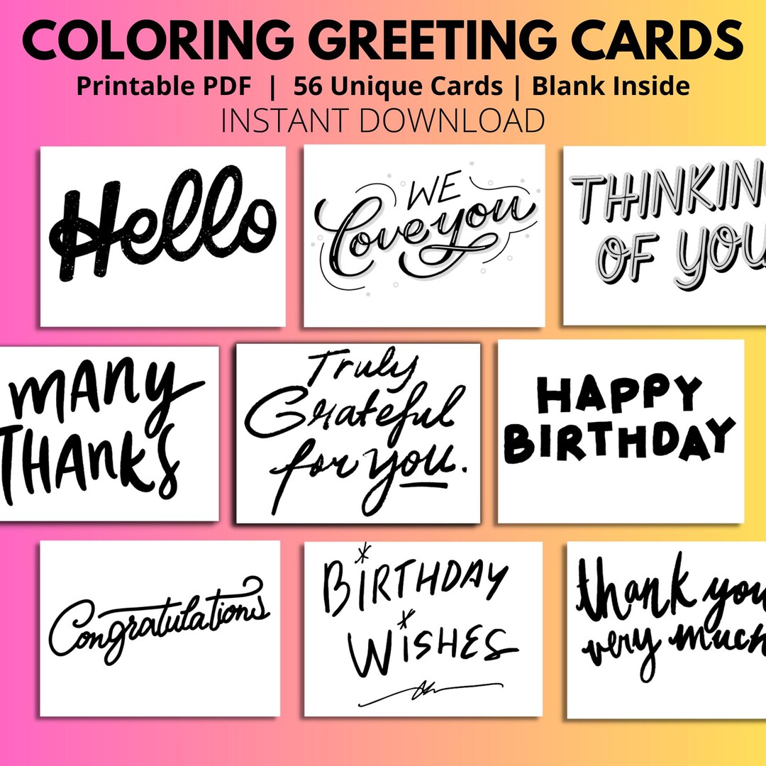 Printable Coloring Greeting Cards Bundle | 56 Unique Cards | Multiple ...