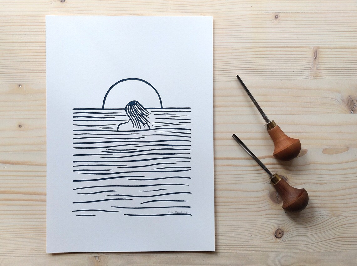 Linocut Print in the Sea - Etsy
