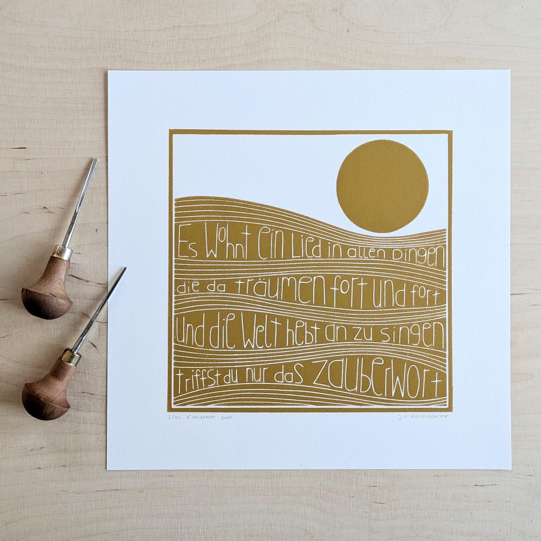 Linocut Handprinted - Typography There is a Song in All Things - Sea ...