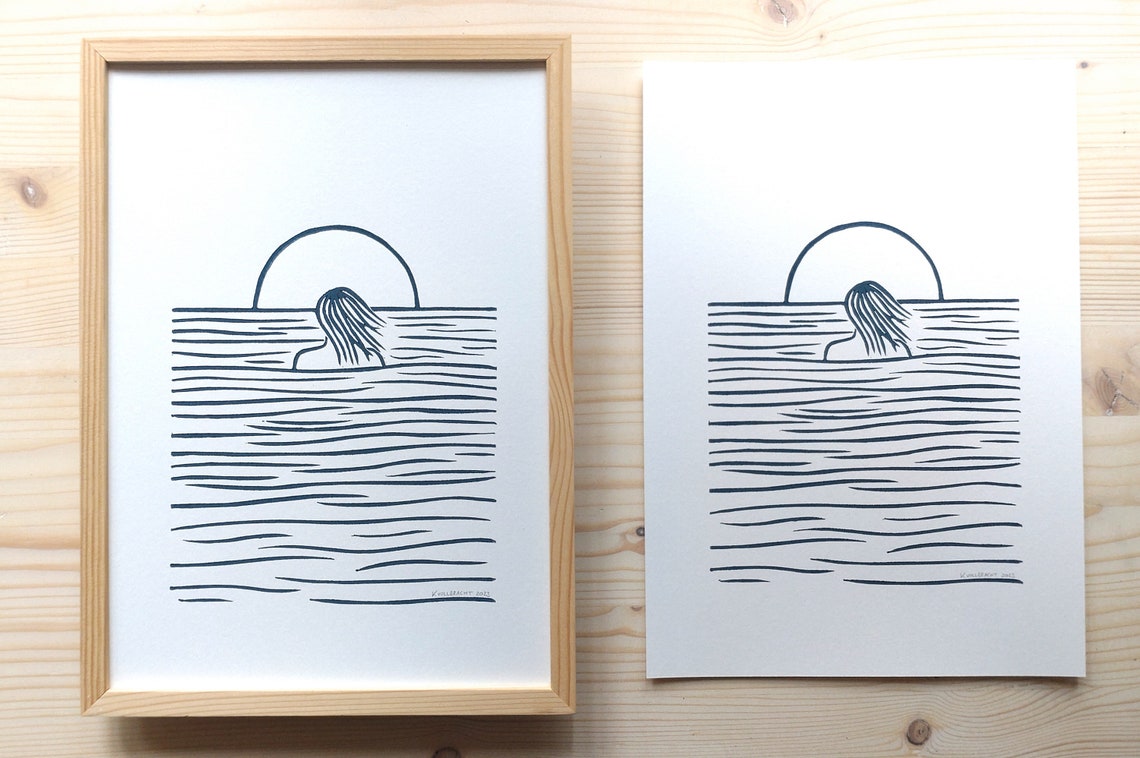 Linocut Print in the Sea - Etsy
