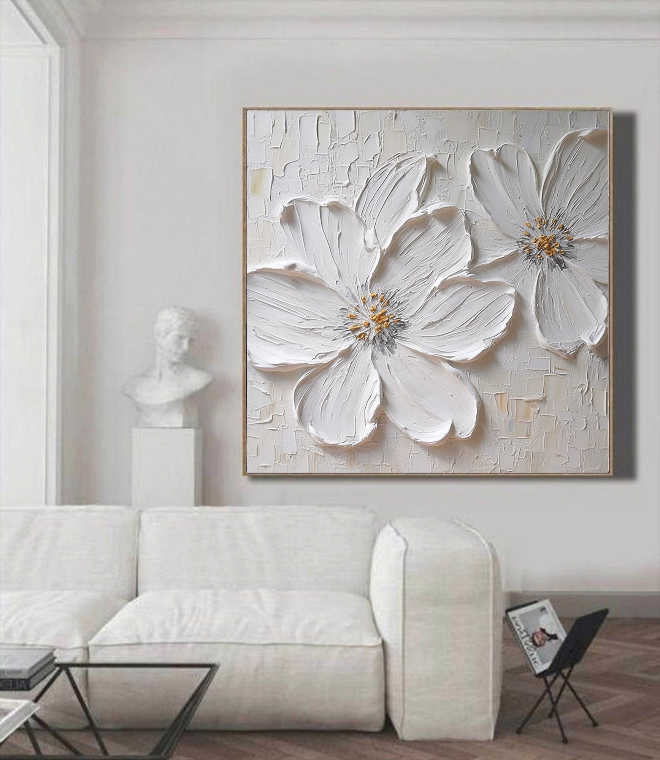 3D White Large Flower Texture Oil Painting on Canvas White Floral ...