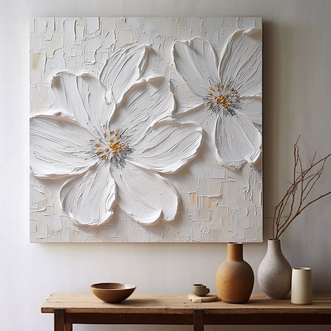 3D White Large Flower Texture Oil Painting on Canvas White Floral ...