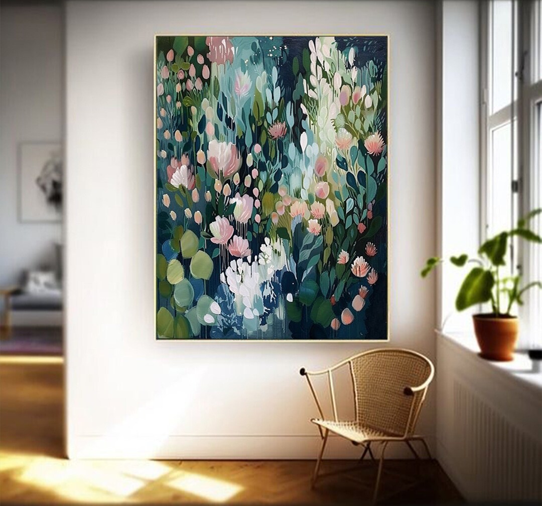 Original Green Flower Oil Painting on Canvas Abstract Green Floral Art ...