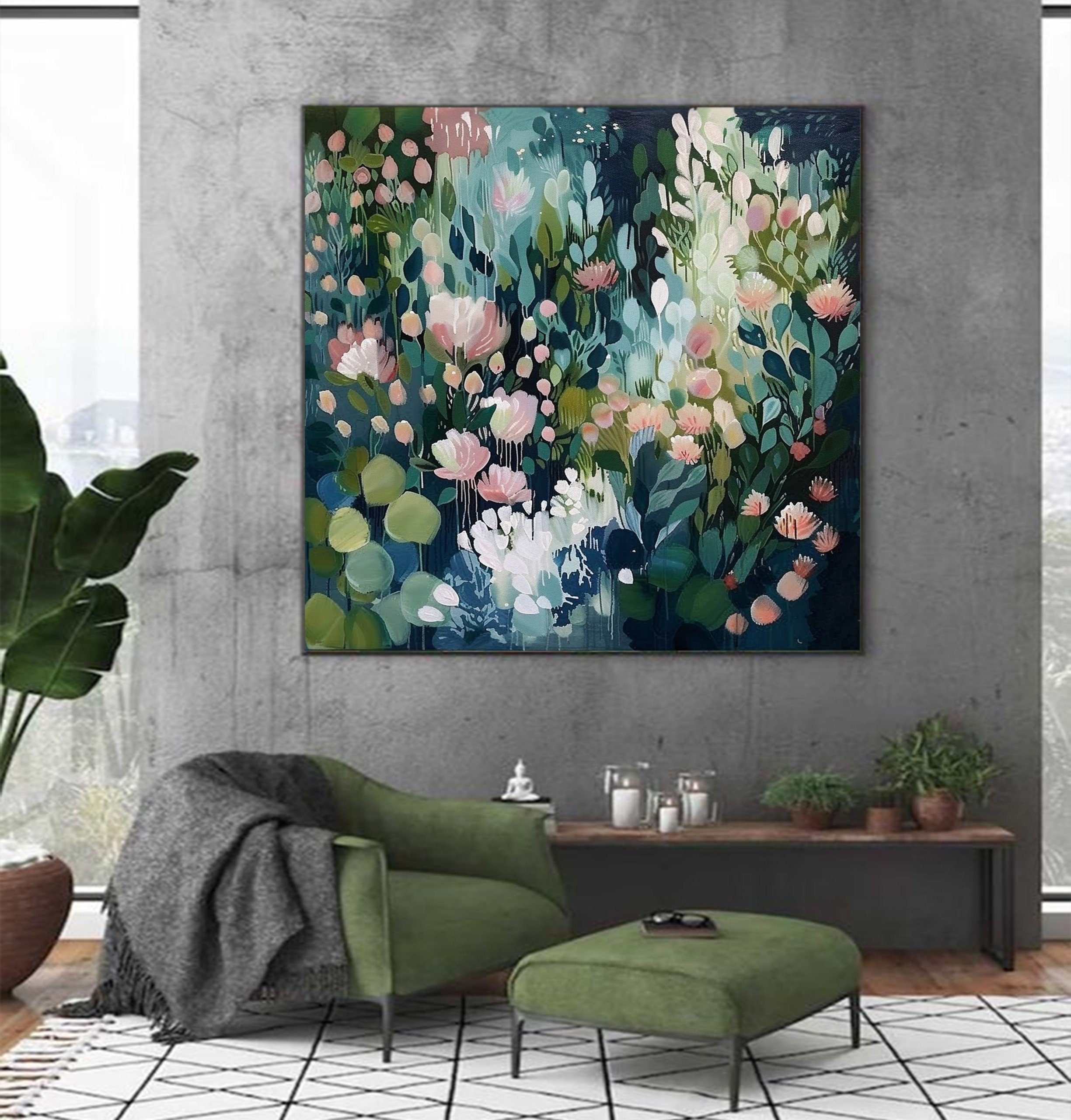Original Green Flower Oil Painting on Canvas Abstract Green Floral Art ...