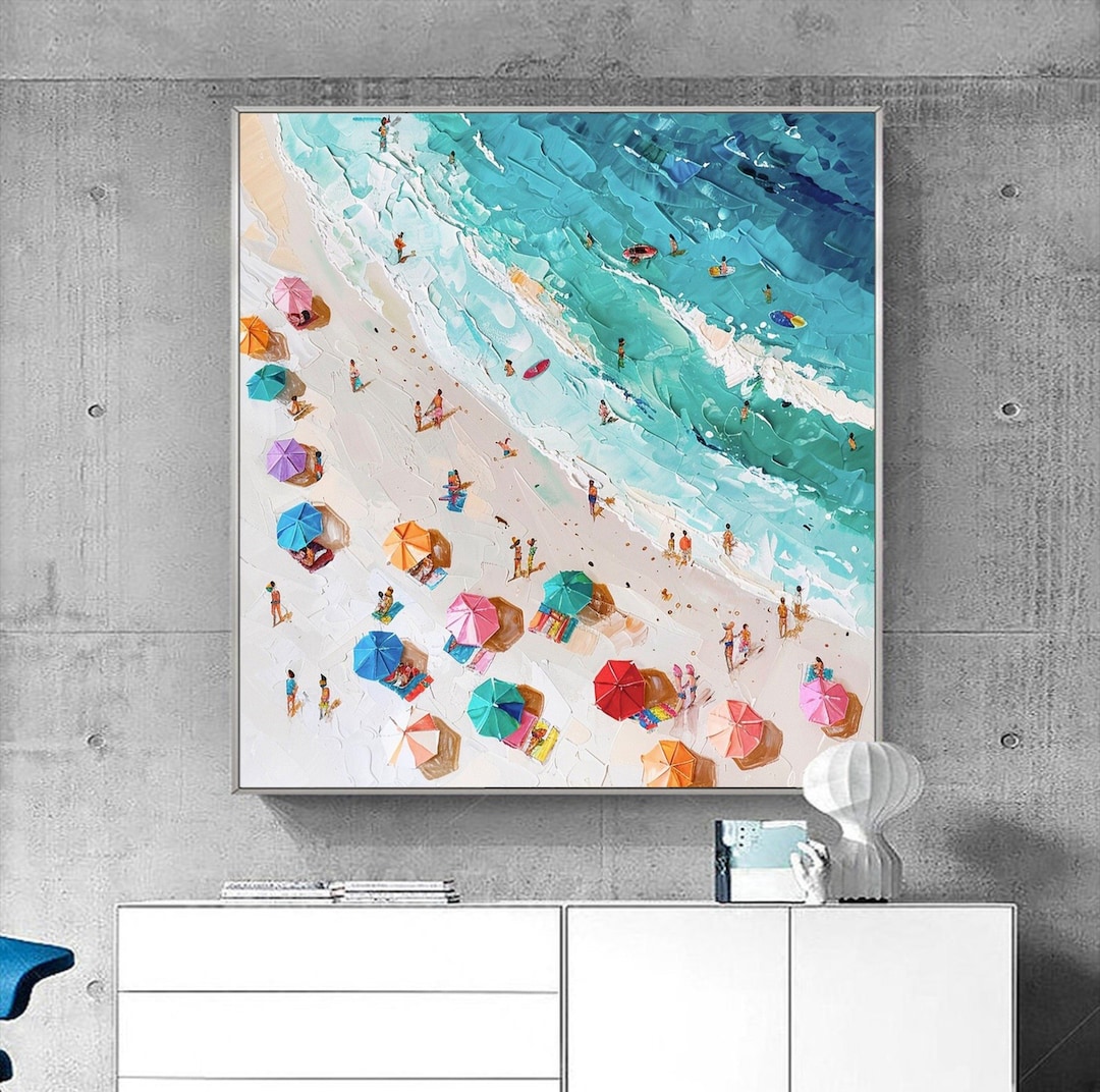 Original Beach Oil Painting on Canvas Happy Coast Swimming Surfing ...