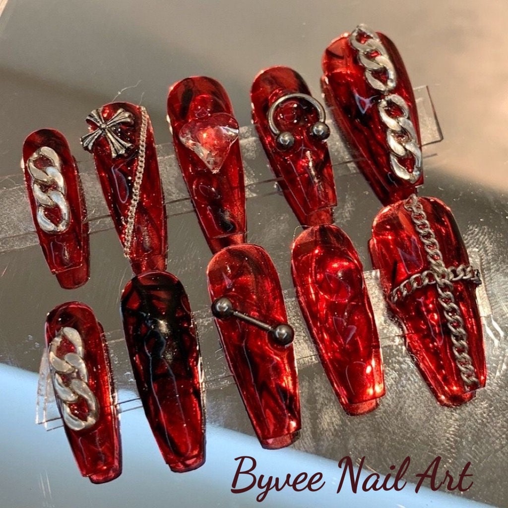 Custom Dark Spider Chain Red Black Blooming Long Coffin Nails, Reusable ...