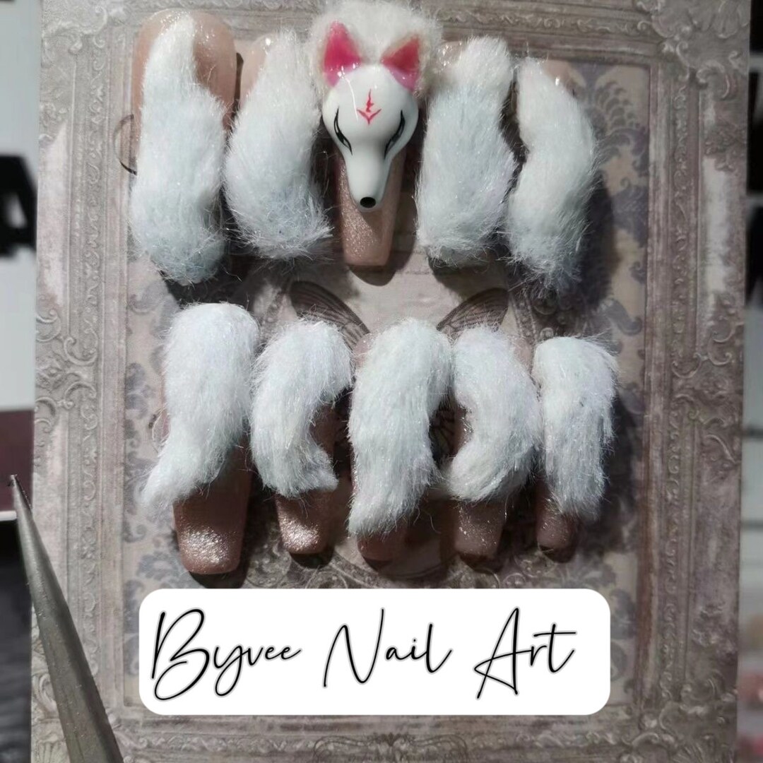 Custom 3D White Gumiho Nine-tail Fox Nude Cat Eye Press on Nails ...