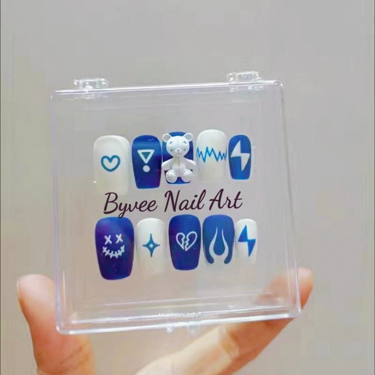 Personalized Matt Blue White Bear Y2K Nails Long Coffin Press on Nails ...