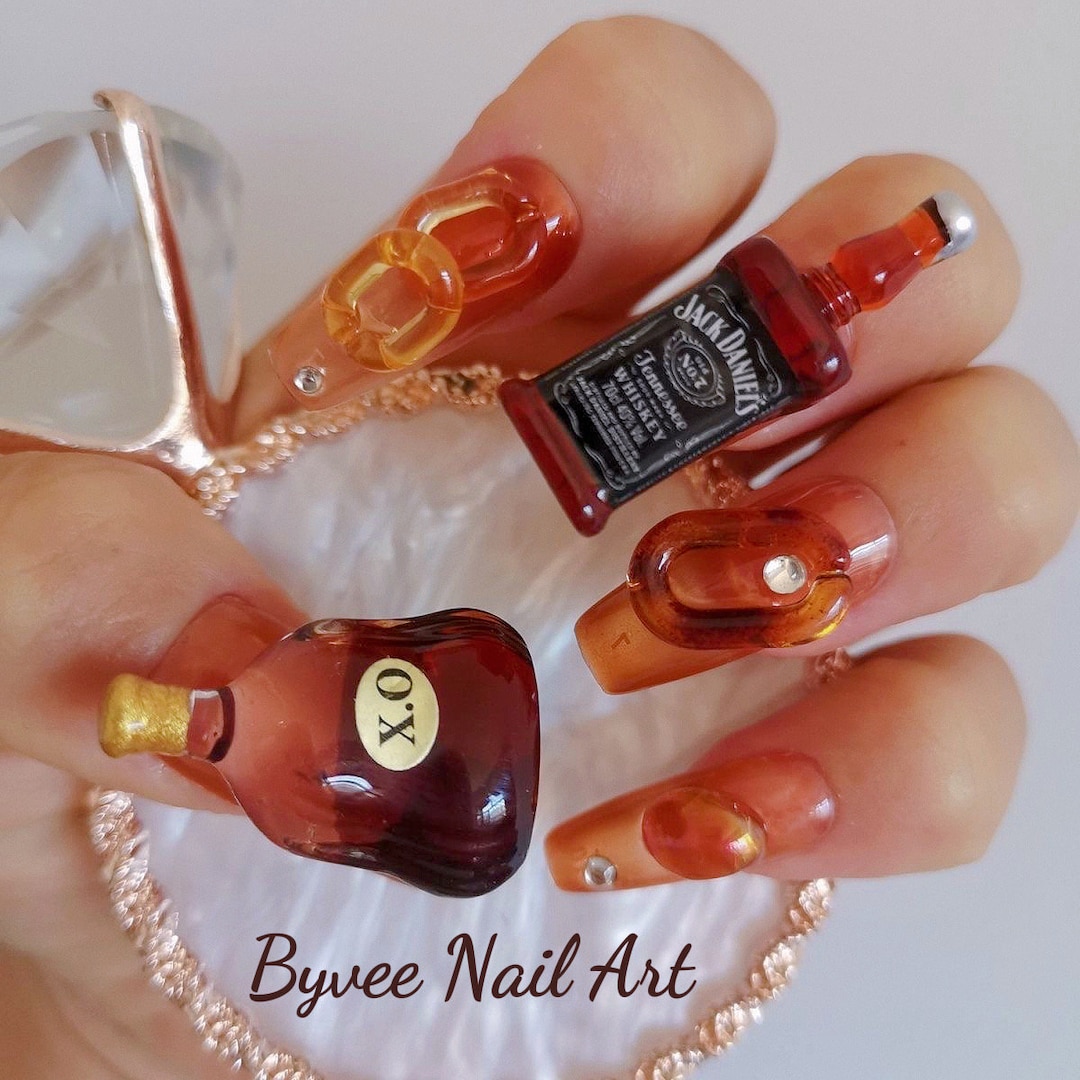 Custom 3D Miniature Liquor Bottle Charms Amber Press on Nails, Reusable ...