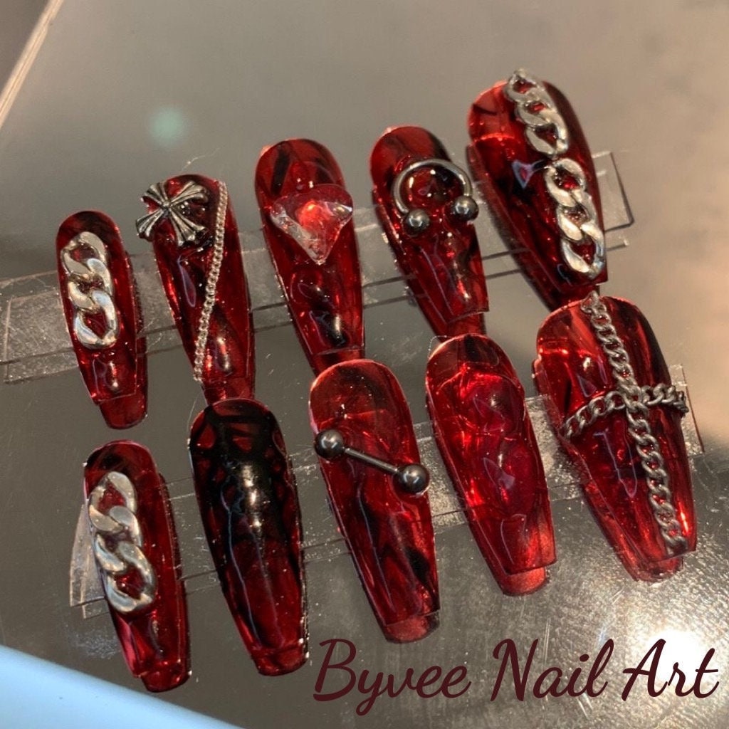 Custom Dark Spider Chain Red Black Blooming Long Coffin Nails, Reusable ...