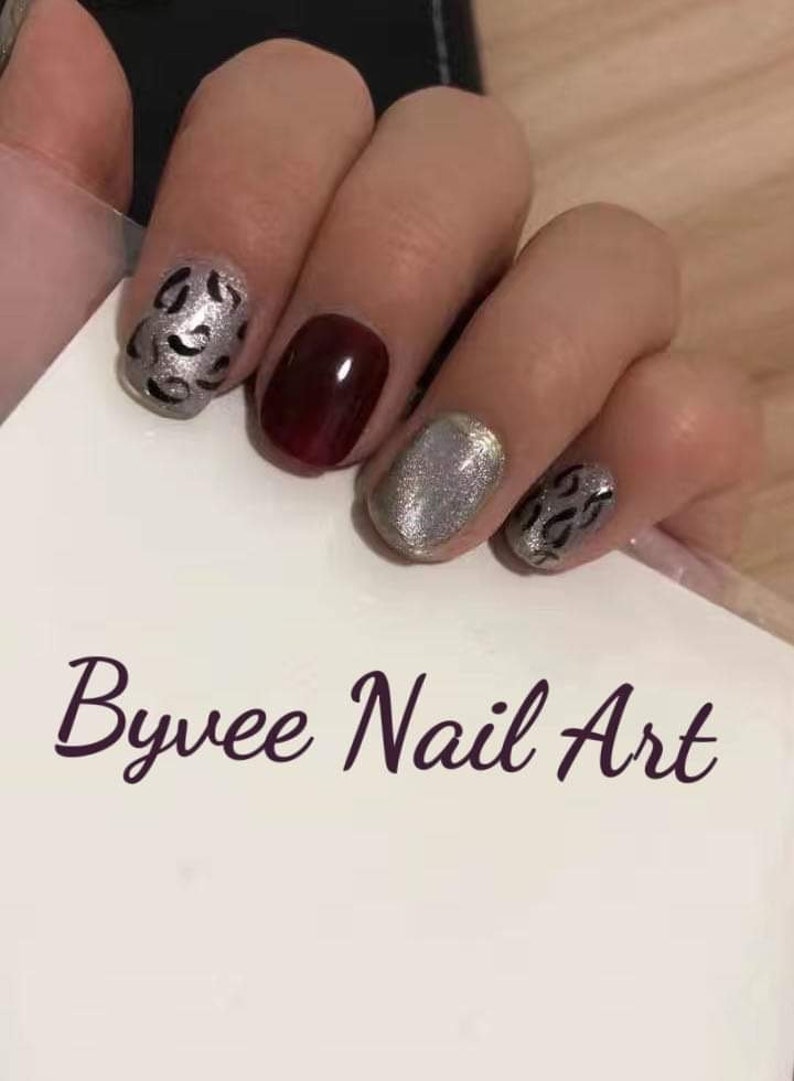 Cat Eye Glitter Leopard Print Wine Red Round Square Press on Nail ...