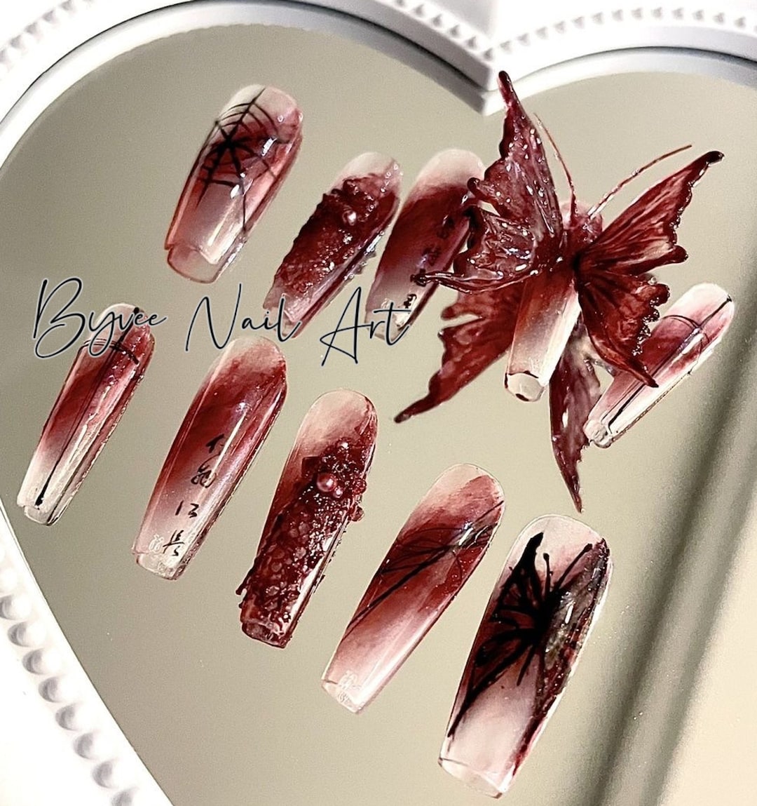 Custom 3D Bloody Butterfly Blood Red Ombre Black Gel Spider Nails |punk ...