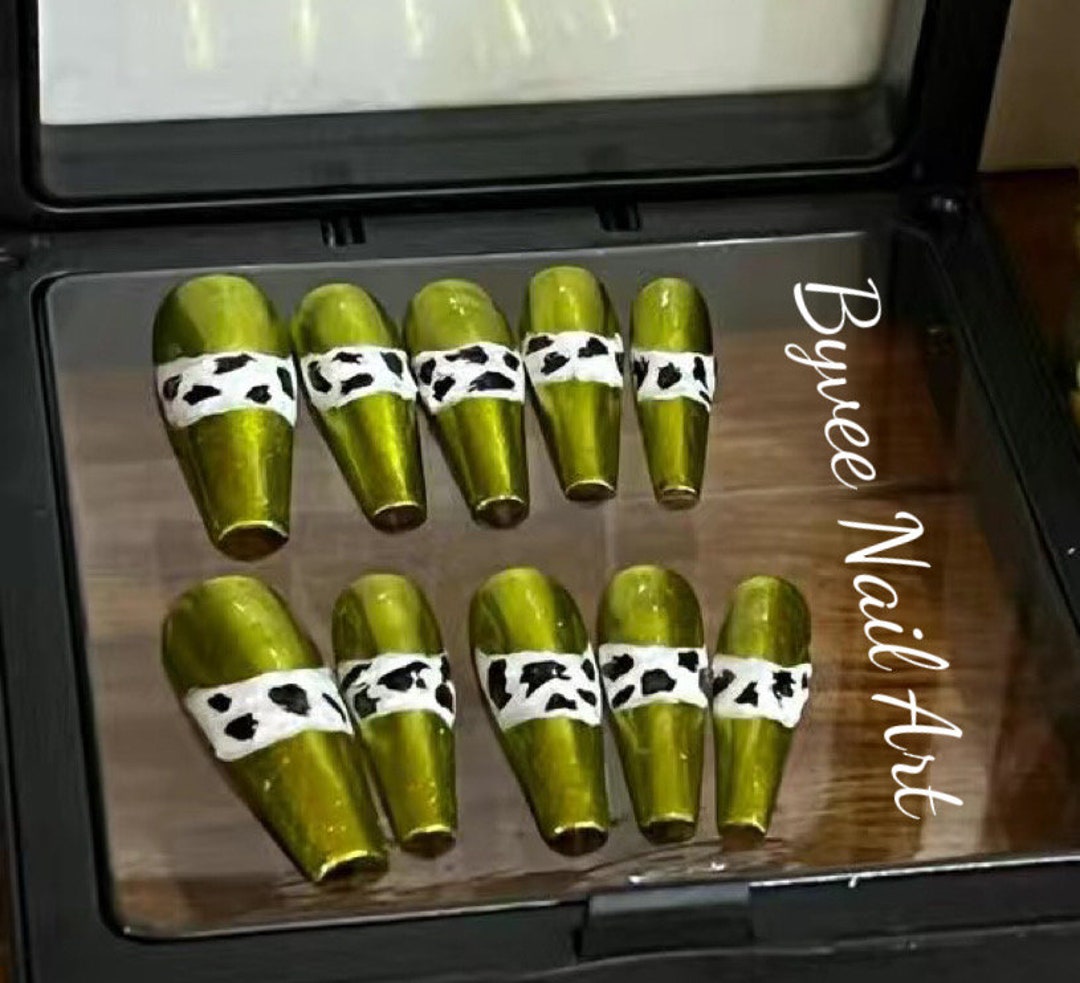 Customized Emerald Neon Green Chrome Cow Print Long Square Nail ...