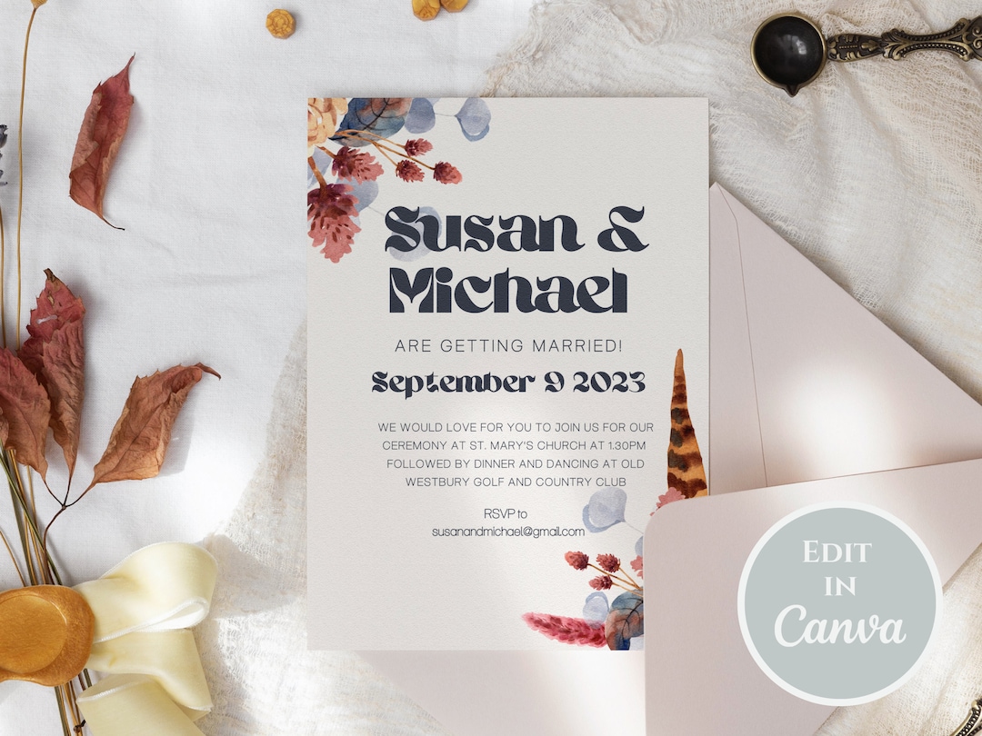 Boho Indigo Wedding Invitation Digital Wedding Invite Dried - Etsy