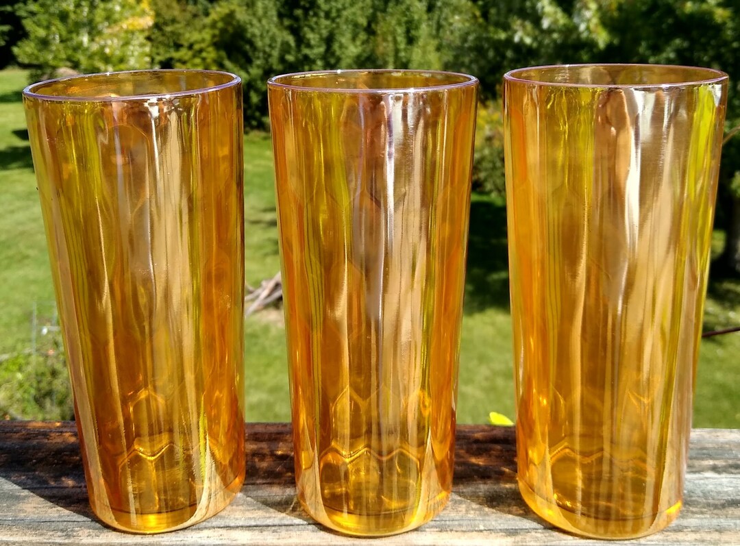 Vintage Lusterware Hex Optic Flat Bottom Glasses Jannette Marigold Set ...