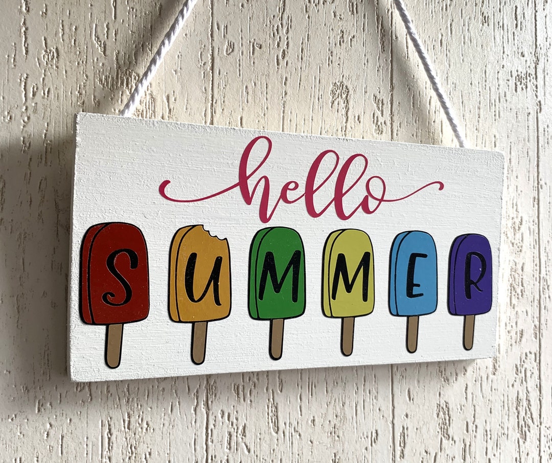 Hello Summer Sign Multi Colour Ice Lollies Hanging Wooden Wall Plaque ...