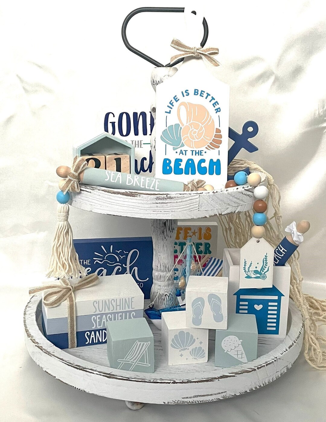 Beach Tier Tray Decor Freestanding Signs Rolling Pins Anchors Garland ...