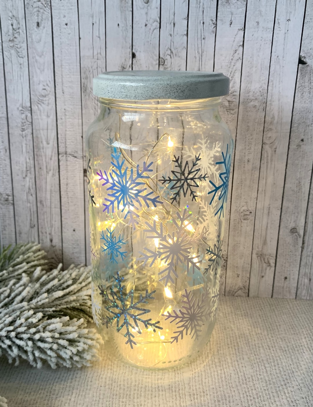 Snowflakes Light up Glass Jar Christmas Storage Jar Fairy Lights Blue ...