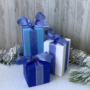 Set of 3 Wooden Christmas Present Blocks With Ribbon Handmade Festive ...