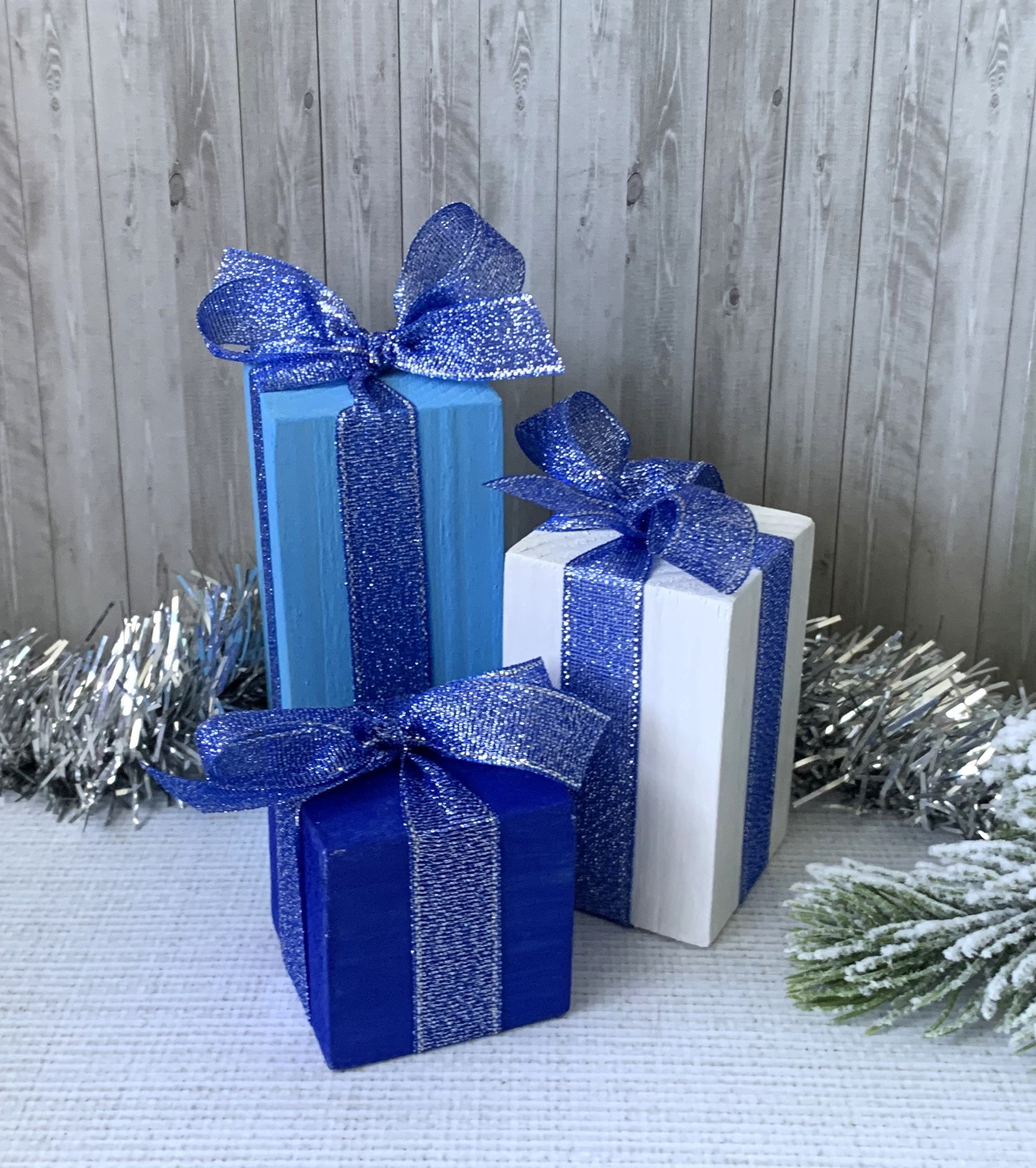 Set of 3 Wooden Christmas Present Blocks With Ribbon Handmade Festive ...