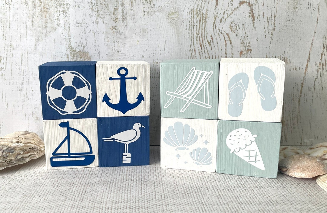 Beach Nautical Wooden Cube Blocks Set of 4 Choice of 2 Designs Coastal ...