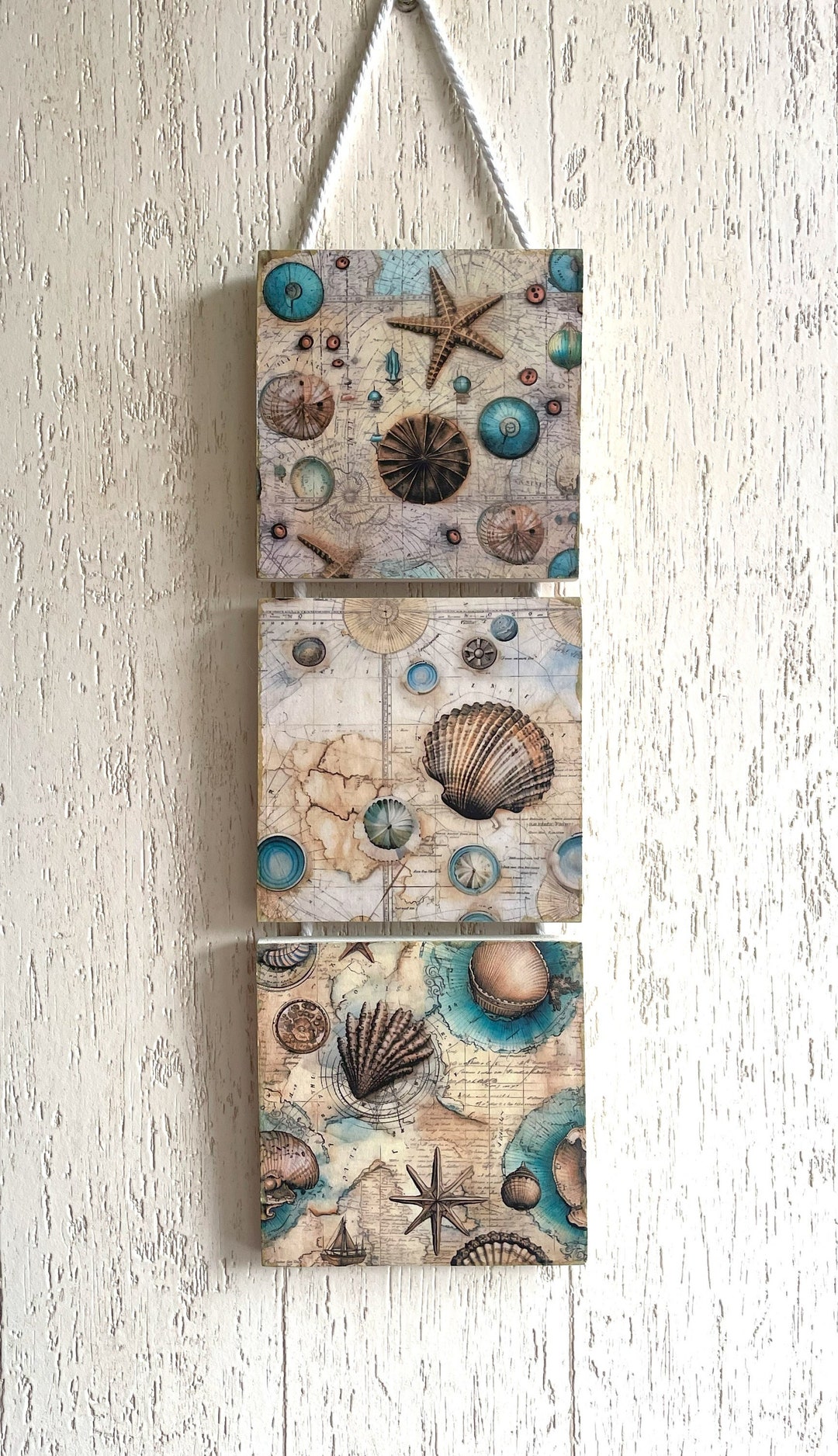 Seashells Triple Hanging Wooden Plaque Antique Style Map Sign Seaside ...