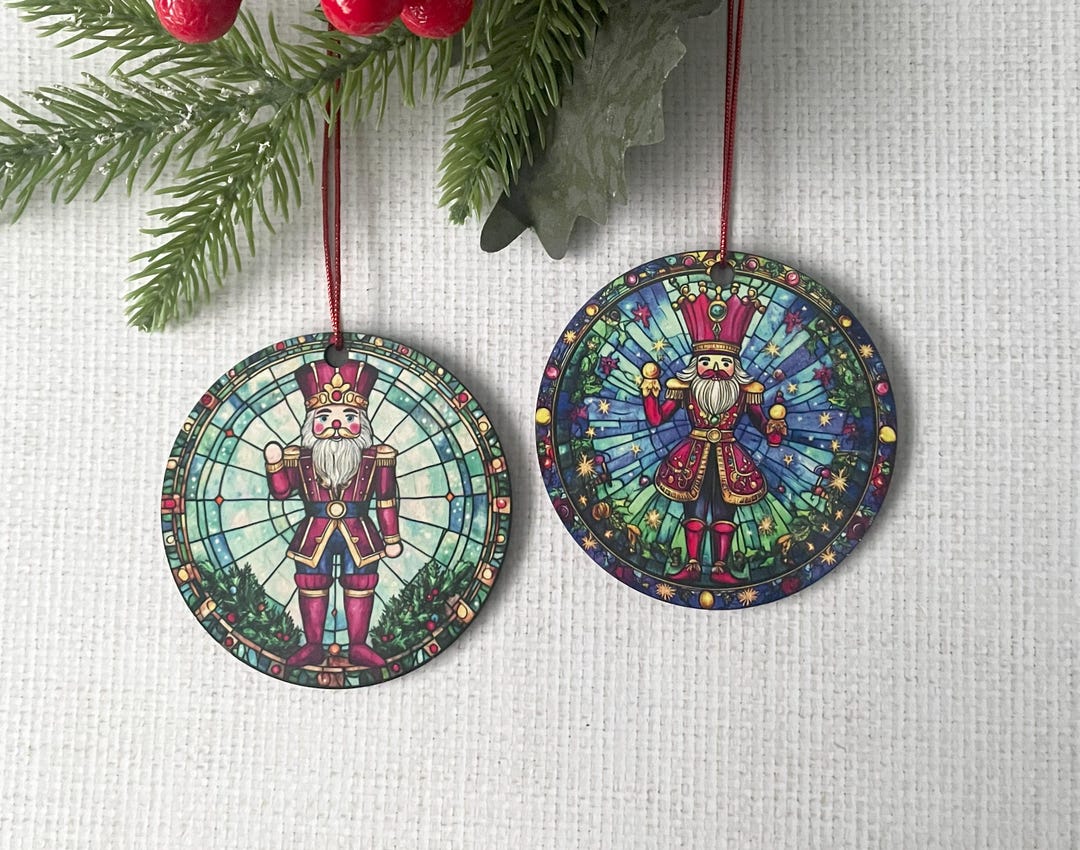 Nutcracker Stained Glass Effect Christmas Baubles Ornaments Set of 2 ...