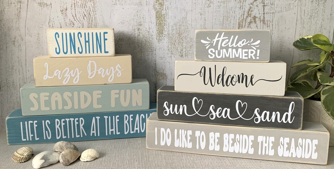 Beach Wooden Stacking Blocks Handmade Coastal Seaside Signs Beach Hut ...
