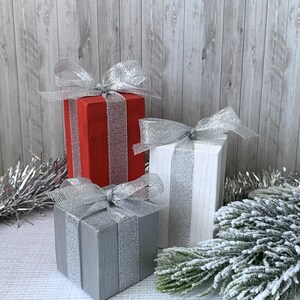 Set of 3 Wooden Christmas Present Blocks With Ribbon Handmade Festive ...