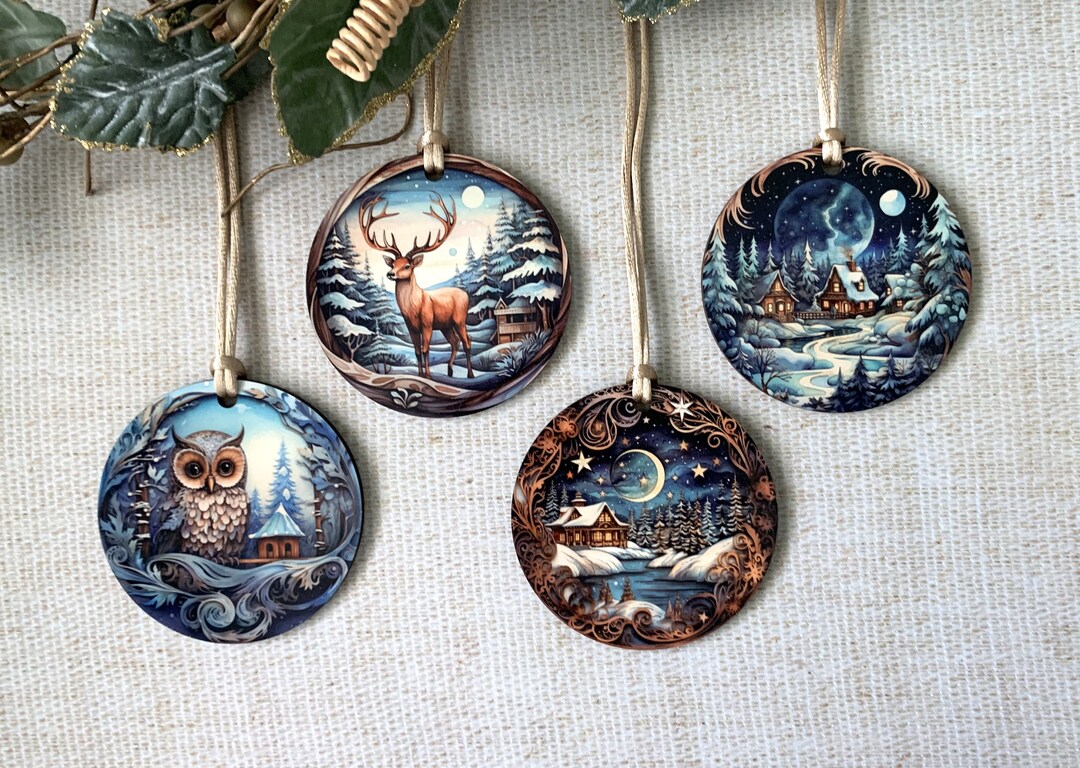 Set of 4 Woodland Scene Christmas Baubles Ornaments Rustic Tree ...