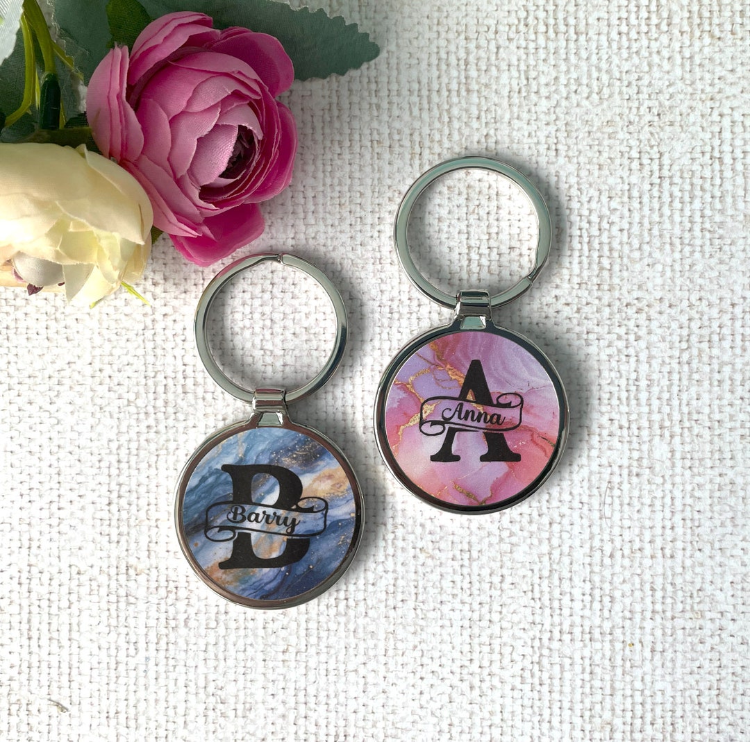 Personalised Keyring Gold Marble Design Name and Initial Silver Metal ...
