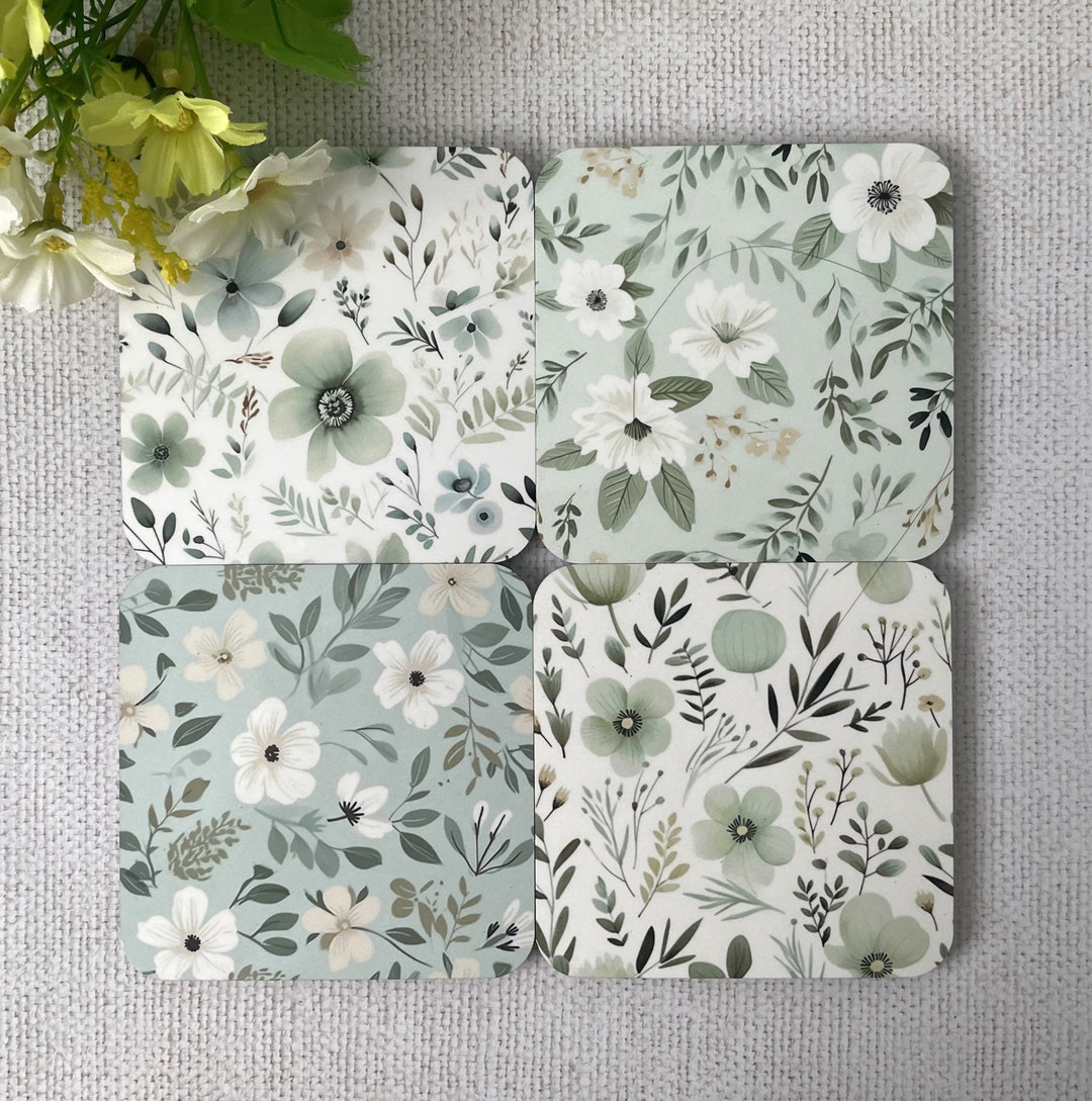 Sage Green Floral Coasters Set of 4 White Cream Green Modern Cork ...