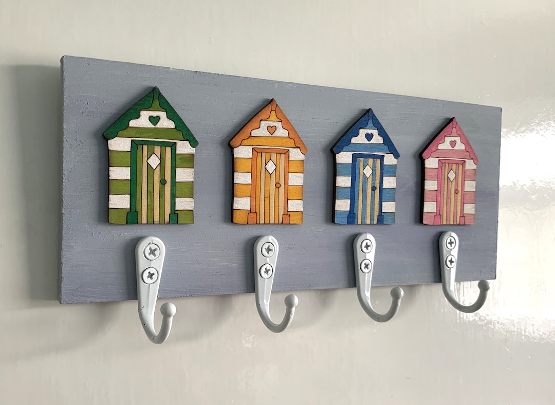 Wooden Beach Hut Hook Rack Plaque Ideal for Keys Leads Bags Etc Coastal ...