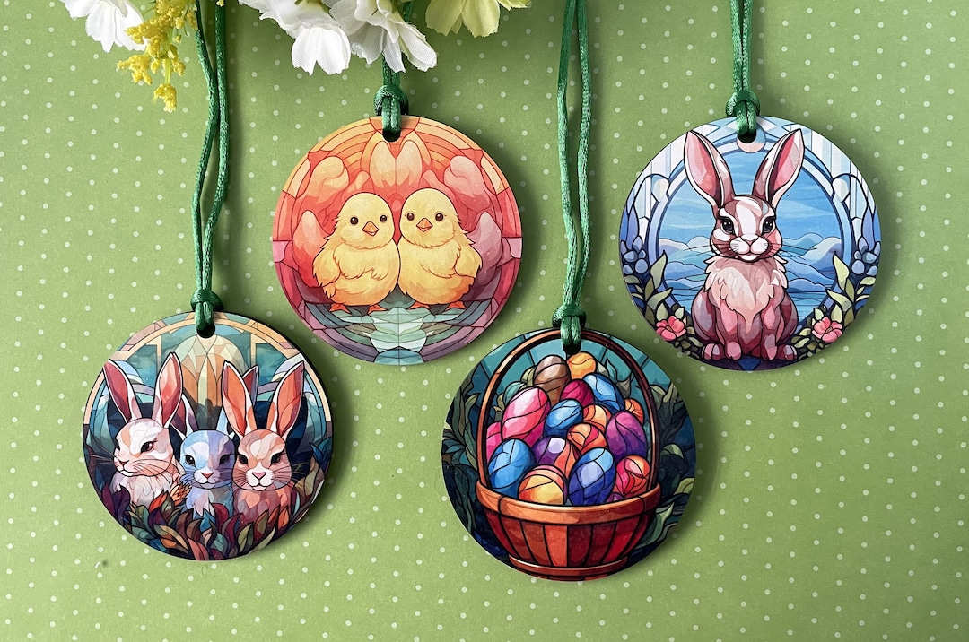Set of 4 Easter Stained Glass Effect Spring Baubles Ornaments Hanging ...