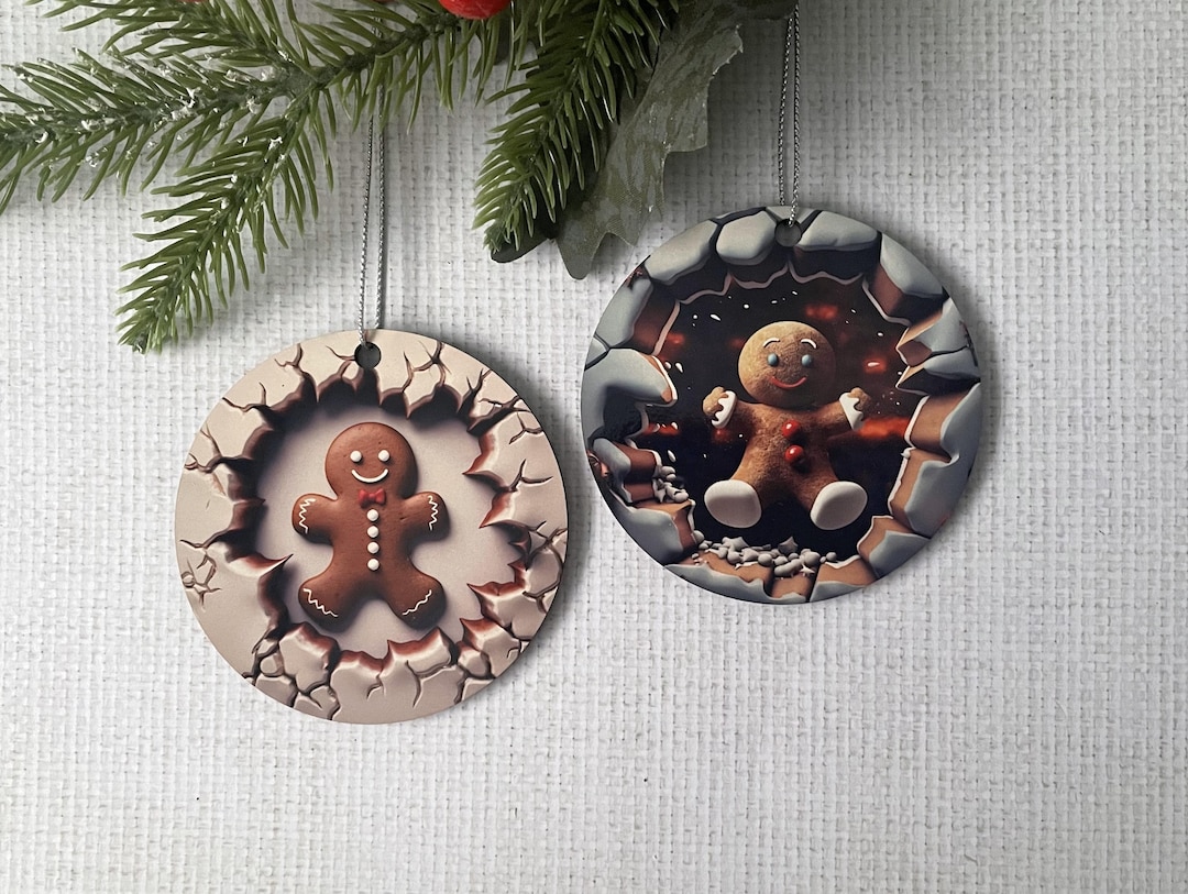 Gingerbread Man 3D Effect Christmas Baubles Ornaments Set of 2 Tree ...