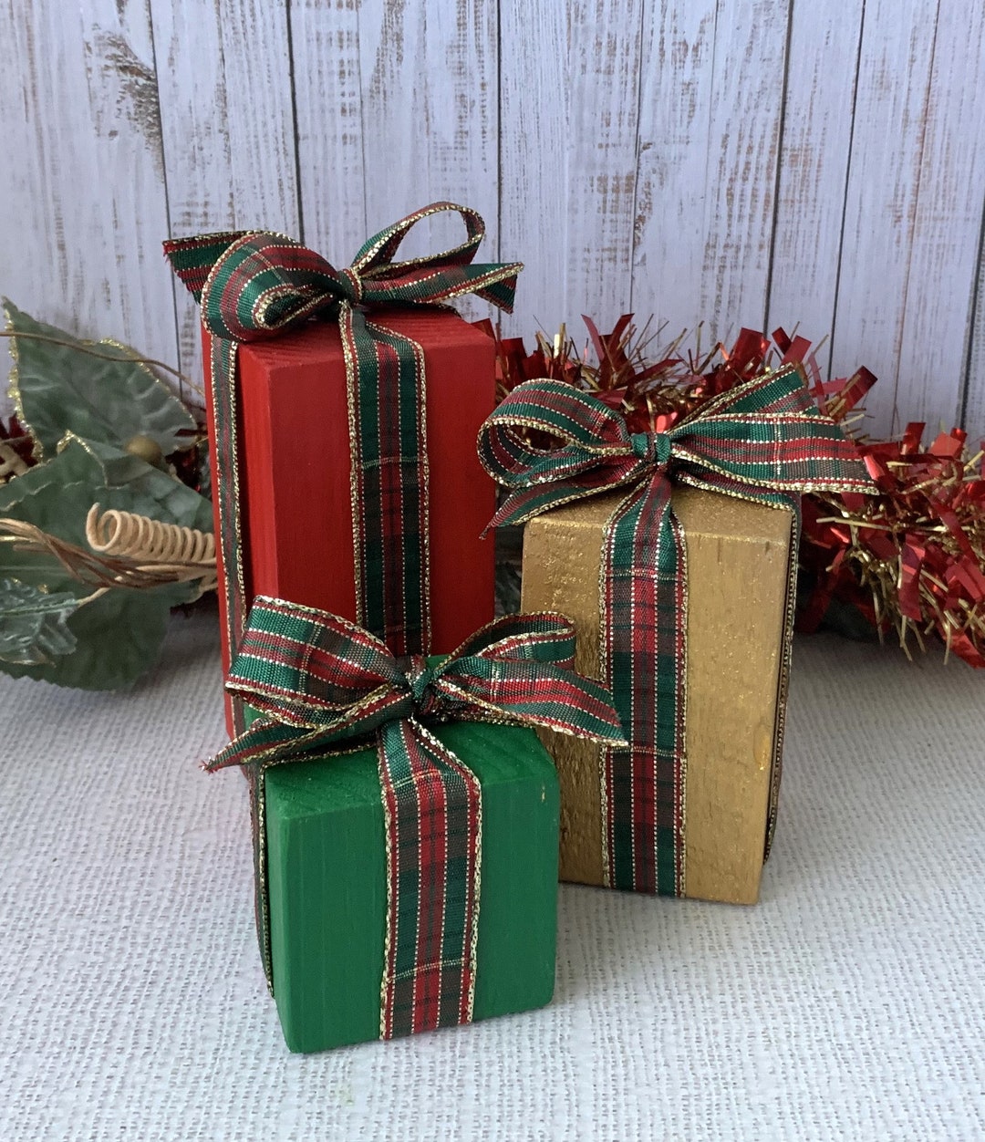 Set of 3 Wooden Christmas Present Blocks With Ribbon Handmade Festive ...