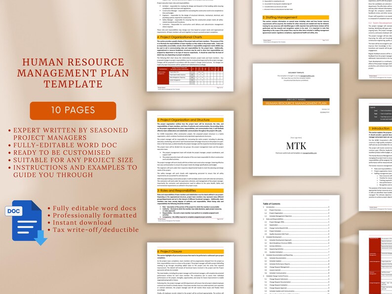 Human Resources Management Plan Template: Editable MS Word (digital ...