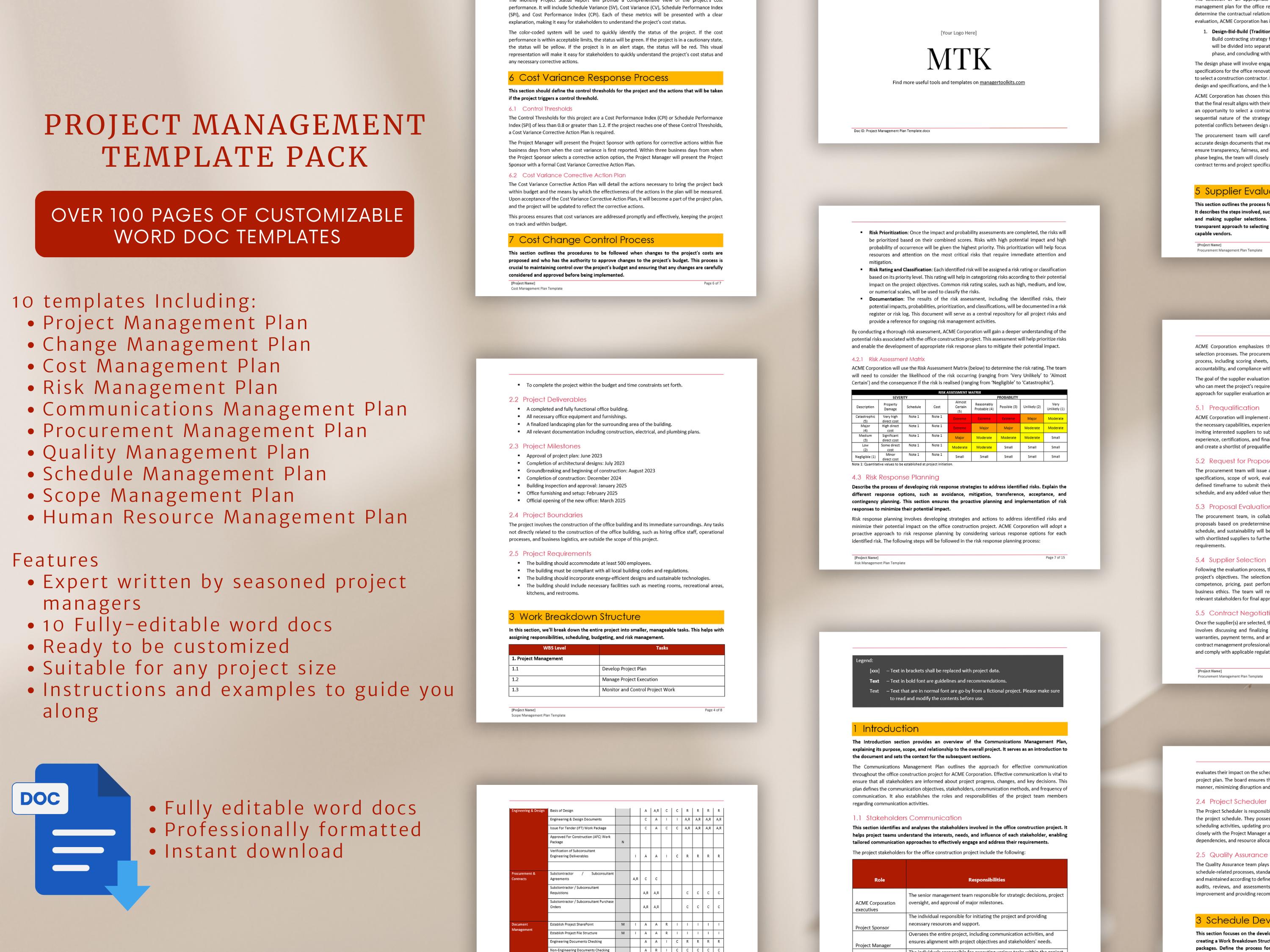 Project Management Template Pack | Ten Fully Editable Word DOCX | PMBOK ...