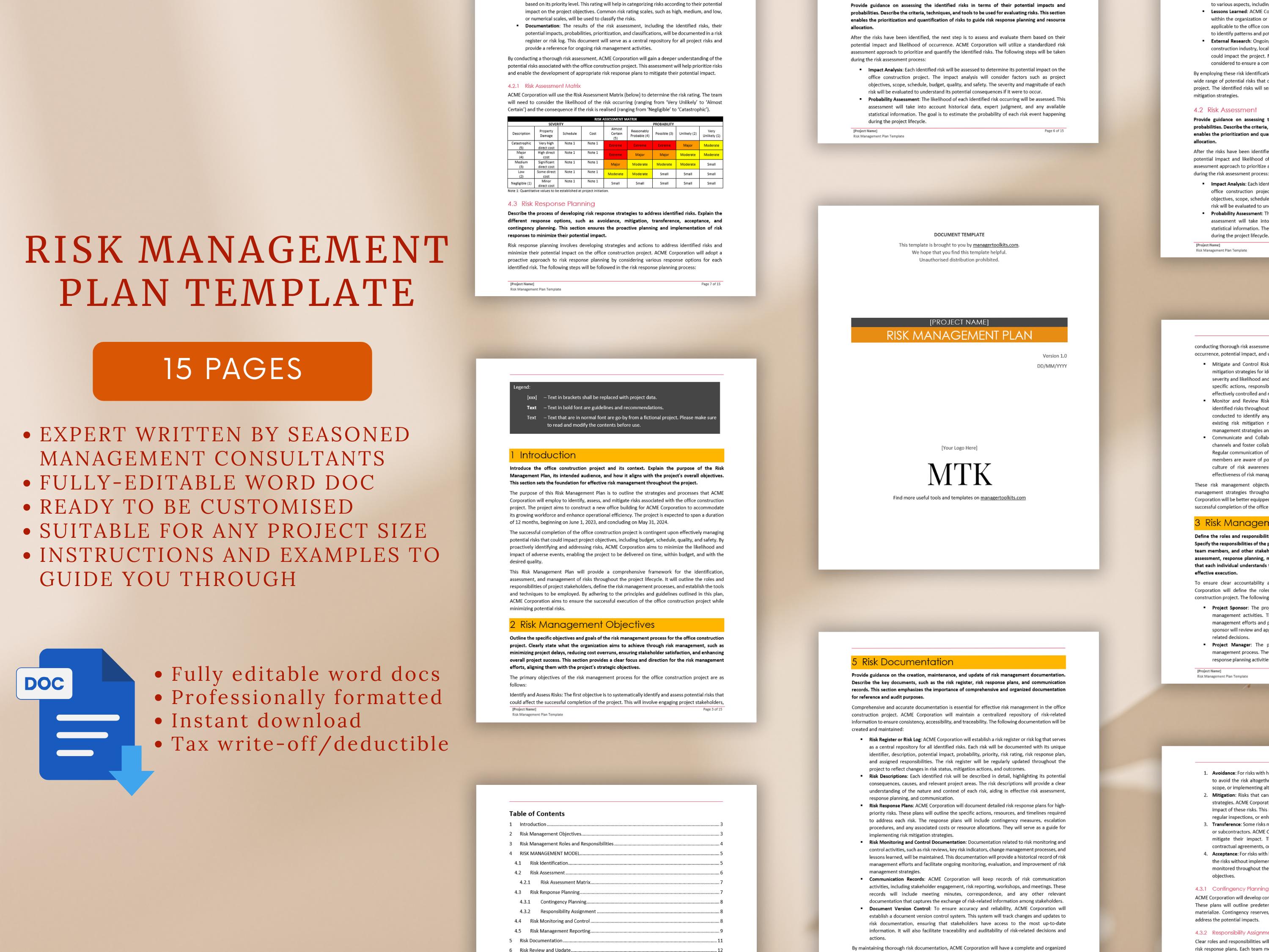 Risk Management Plan Template | Fully Editable MS Word | Project Risk ...