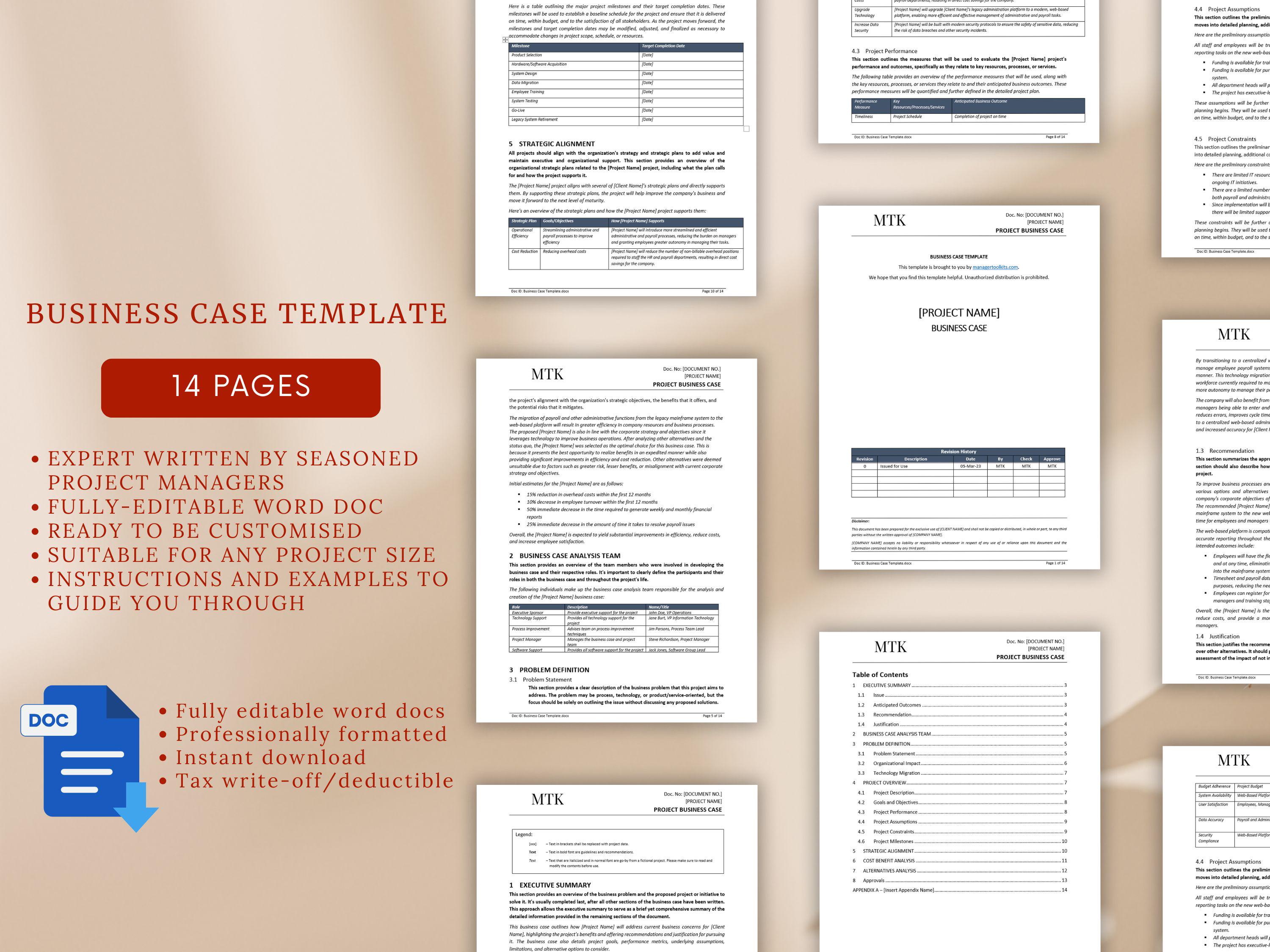 Editable Business Case Template: MS Word, Project Management (digital ...
