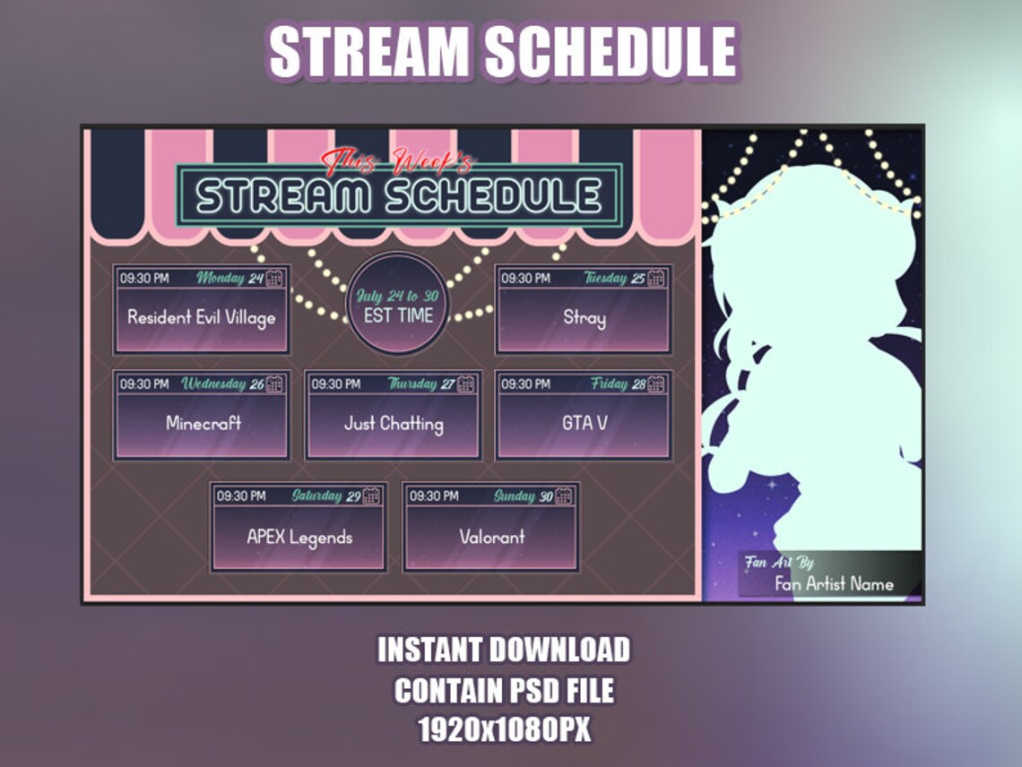  Vtuber Stream Schedule Template Festival Purple Etsy