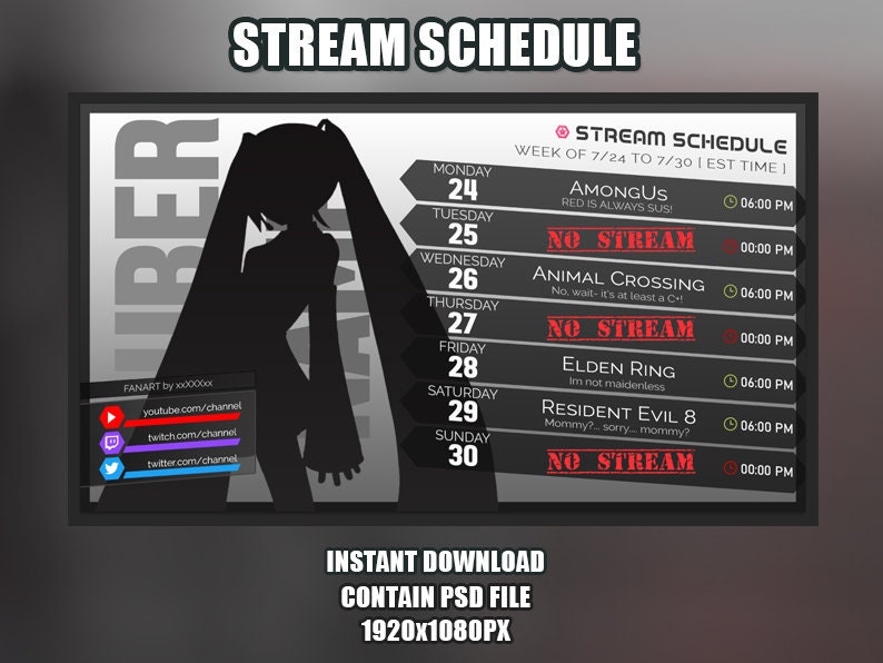 Stream Schedule Template for Streamers and Vtubers, Dark, Gray ...