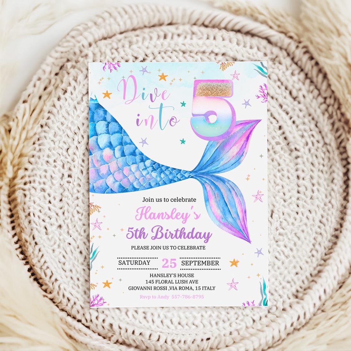 Dive Into Five Mermaid Invitation - Pink Girl 5th Birthday Invite ...